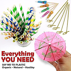 Cocktail Drink Accessories 300pcs – 100 Drink Umbrellas, 100 Bamboo Knotted Picks, 100 Paper Straws by DEMIGO, Great for Drinks & Appetizers, Hawaiian and Pool Parties