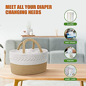 Twira Large Baby Diaper Caddy, Diaper Basket with Divider, Convenient Nursery Storage Box, Rope Diaper Box Organizer for Diapers, Changing Table Diaper Organizer (Brown & White)