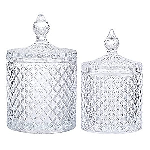 BTSKY Set of 2 Crystal Decorative Jars Glass Qtip Holder with Lids Clear Cotton Swab Holder Apothecary Jar for Bathroom Canisters Classy Candy Dish Decor Jewelry Box for Office Vanity, Large+Small
