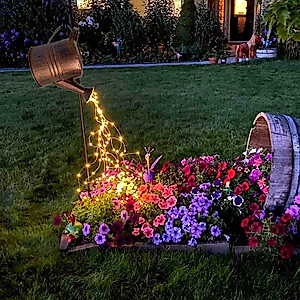 Star Shower Watering Can Lights - Waterproof Solar Garden Decor Led Art Lamp - Outdoor String Fairy Lights with Bracket for Home Path Patio Yard Lawn Metal Statues