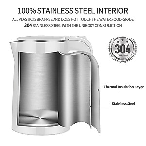 COOKTRON 1.7L Electric Kettle Quiet, Double Wall Hot Water Boiler BPA-Free, Quiet Boil and Cool Touch Tea Kettle, Cordless with Auto Shut-Off & Boil Dry Protection, 1500W Fast Boiling, White