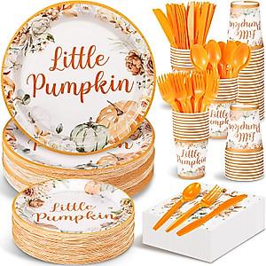Dandat 350 Pcs Baby Shower Plates Set Baby Shower Party Supplies Serves 50 Tableware Sets Include Plates Napkin Cup Forks Knives Spoons Disposable Dinnerware for Boy Girl(little pumpkin)