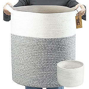 Laundry Basket 2pc by COMFY-HOMI Large Basket 18"X16" Tall Woven Cotton rope Basket with Handles Decorative Basket for Blankets Round Storage Basket for living room,Clothes,Pillows,Towels (White Grey)