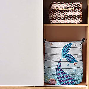 Oxford Fabric Storage Bin Ocean Mermaid Shell Starfish Wooden Krisyeol Waterproof Collapsible Laundry Basket Dirty Clothes Hamper with Handles Storage Baskets Organizer 17x16.5