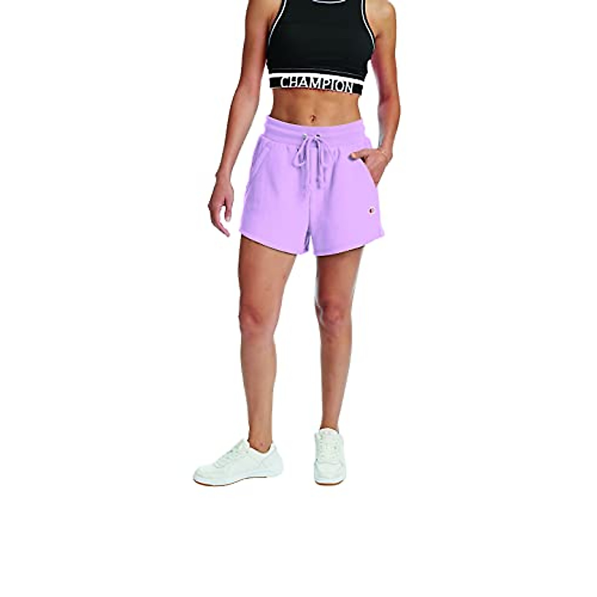 Champion Reverse Weave Fleece-Drawstring, Women’s Shorts, 3', Tinted Lavender C-Patch Logo, Large