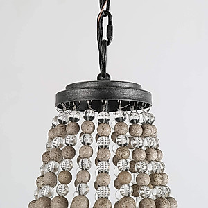 LALUZ Farmhouse Chandelier, Boho Light Fixture for Dining Room, Bedroom, Handmade Wood Beads, 6-Light, 28.3" H x 20.1" W