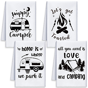 Vesici 4 Pcs Camping Kitchen Towels Camper Dish Towels Set White Kitchen Hand Towels Retro RV Camping Car Fun Theme Dish Towels and Dish Cloth for Farmhouse Sayings Quotes Tea Towels for Women