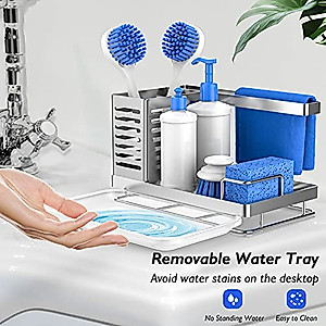 Kontoyo Sink Caddy, Sponge Holder for Kitchen Sink, Multifunctional Sink Caddy Sponge Soap Brush Dishcloth Storage, 304 Stainless Steel Kitchen Sink Organizer with Safety Bar & Removable Drain Pan