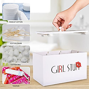 Tampon Holder for Bathroom Tampon Storage Container Movable Feminine Partition Case with Lid Tampon Dispenser Sanitary Napkin Storage Container Wood White Small Storage Box Pad Organizer for Bathroom
