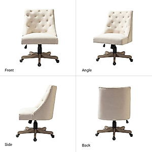 Modern Tufted Armless Home Office Chair, Comfy Upholstered Desk Chair with Vintage Wood Base, Height Adjustable Swivel Computer Task Chair for Living Room Bedroom, Beige