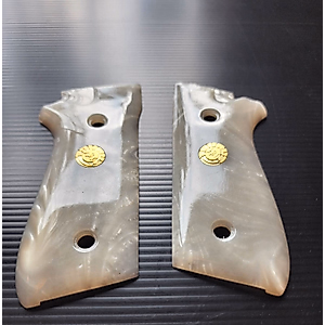 BMPL New Grips Compatible with Taurus Pt-92, Pt-99, Pt100, Pt101 Decocker, Smooth White Pearl Resin Polyester,Gold Medallion, Thai Handmade