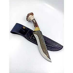 Antler Bowie Knife , 5160 Forged Steel Hunting Knife with Leather Case , Survival Knife , Camping Knife , Tactical Fixed Blade Knife , Collectible Knife , Collectors Knife