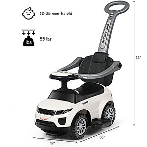 GLACER Push Cars for Toddlers 1-3, 3-in-1 Kids Sliding Car with Detachable Guardrail, Horn, Music, Lights, Storage Box and Anti-Roll Design, Ride on Push Car for Boys Girls(White)