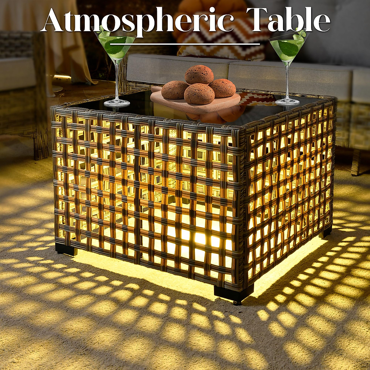 CAODOC Patio Furniture,All Weather Wicker 5 PCS Outdoor Sofa with High Back Swivel Rocker Chairs,Conversation Set with Solar Powered Coffee Table,Grey Rattan Beige Cushion