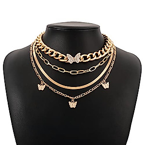Missgrace Rhinestones Gold Butterfly Layered Choker Necklace Sparkly Jewerly Fashion Wedding Party Prom Bar Necklace Accessories for Women and Bride (Gold)
