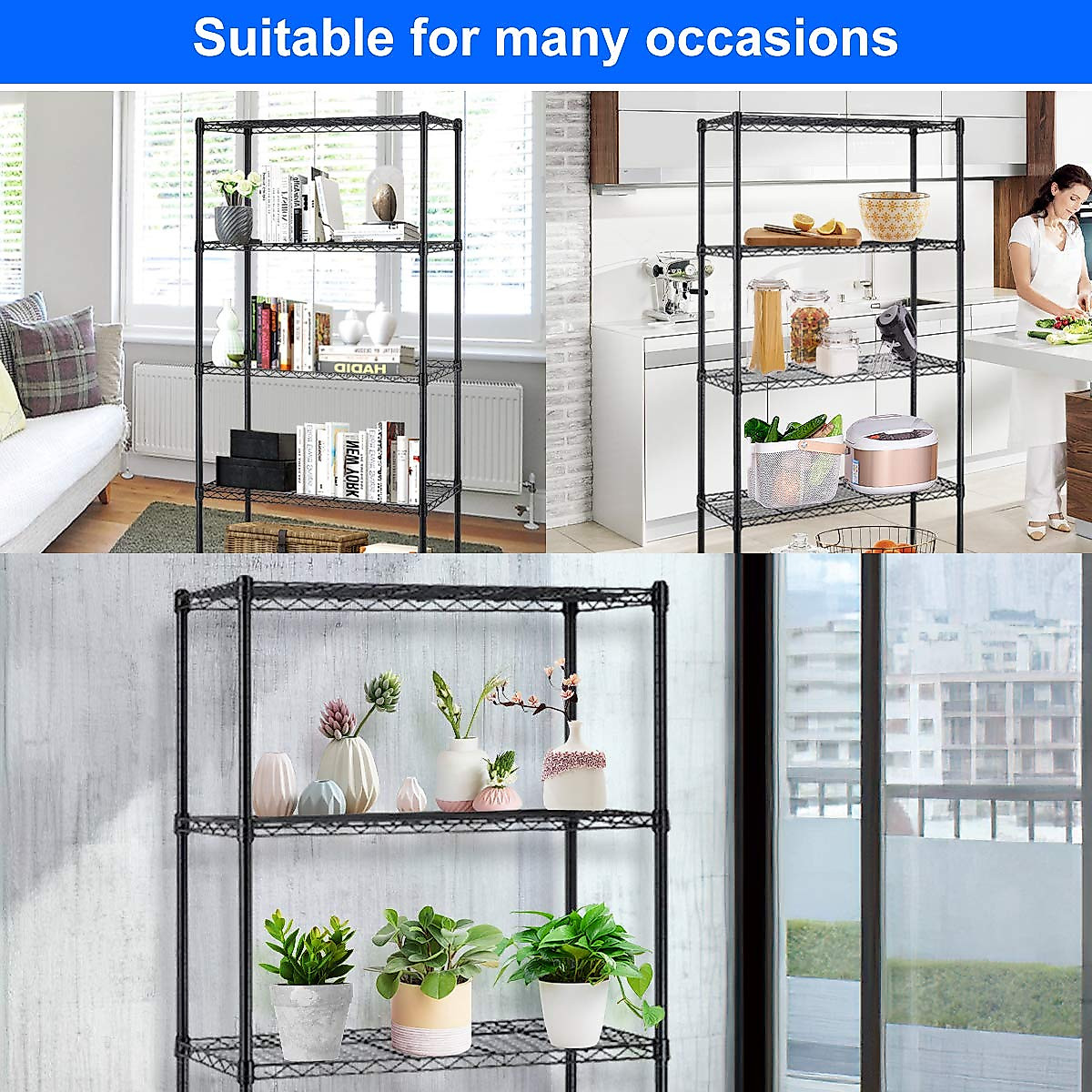 Storage Metal Shelf 5 Tier Wire Shelving Unit Standing Shelf Units Heavy Duty Garage Shelving with Feet Levelers 1250Lbs Capacity Adjustable Commercial Shelving Kitchen Rack, Black