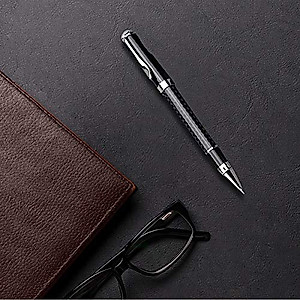 Executive Pen by Safedome - Elegant Roller Ball Pen with Carbon Fiber Barrel and Stainless Steel Accents, Refillable Pen, Professional and Fancy Luxury Pens for Journaling - Black and Silver