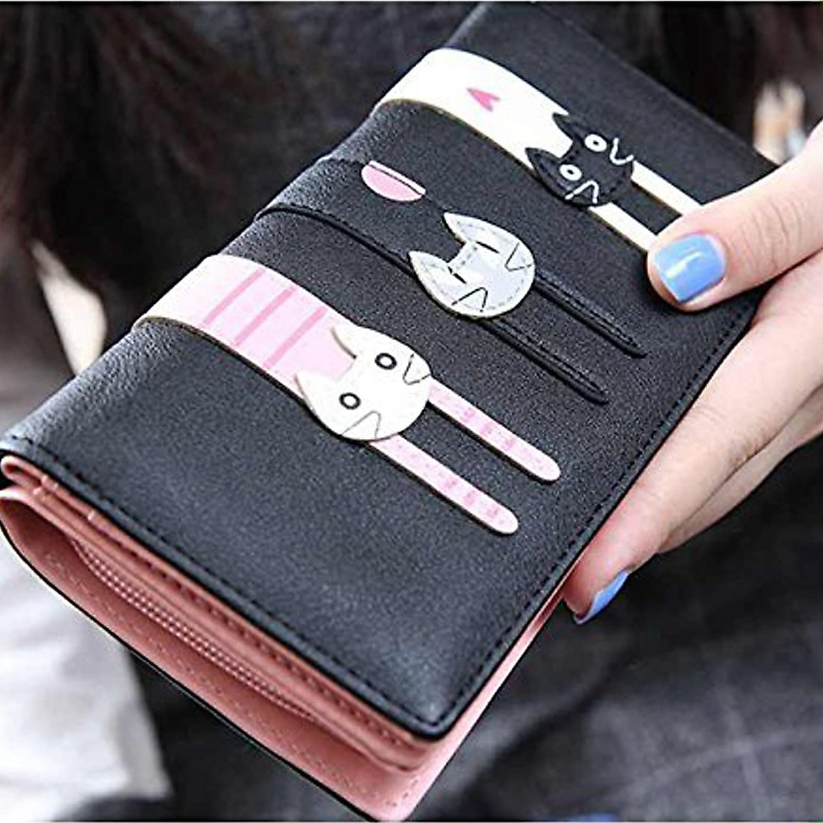 Valentoria® Birthday Gifts for Women's Mini Faux Leather Bifold 3 Cat Design Clutch Wallet (Long Black)
