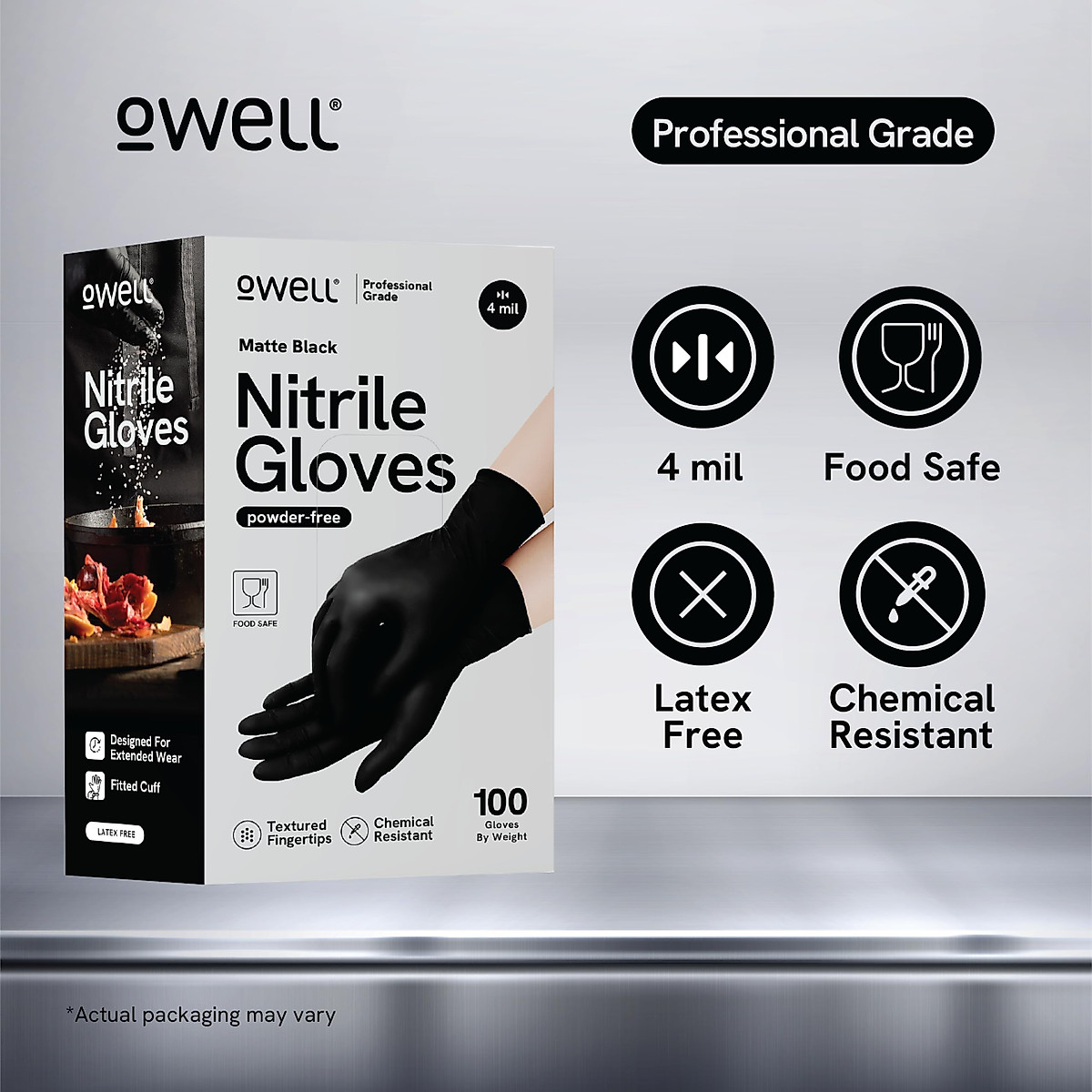 OWELL Black Nitrile Gloves Disposable Latex Free – 4 mil Nitrile Gloves MEDIUM Disposable Gloves Black Cooking Gloves Disposable Food Safe Powder Free Latex Free Gloves (MEDIUM - 100 Count)
