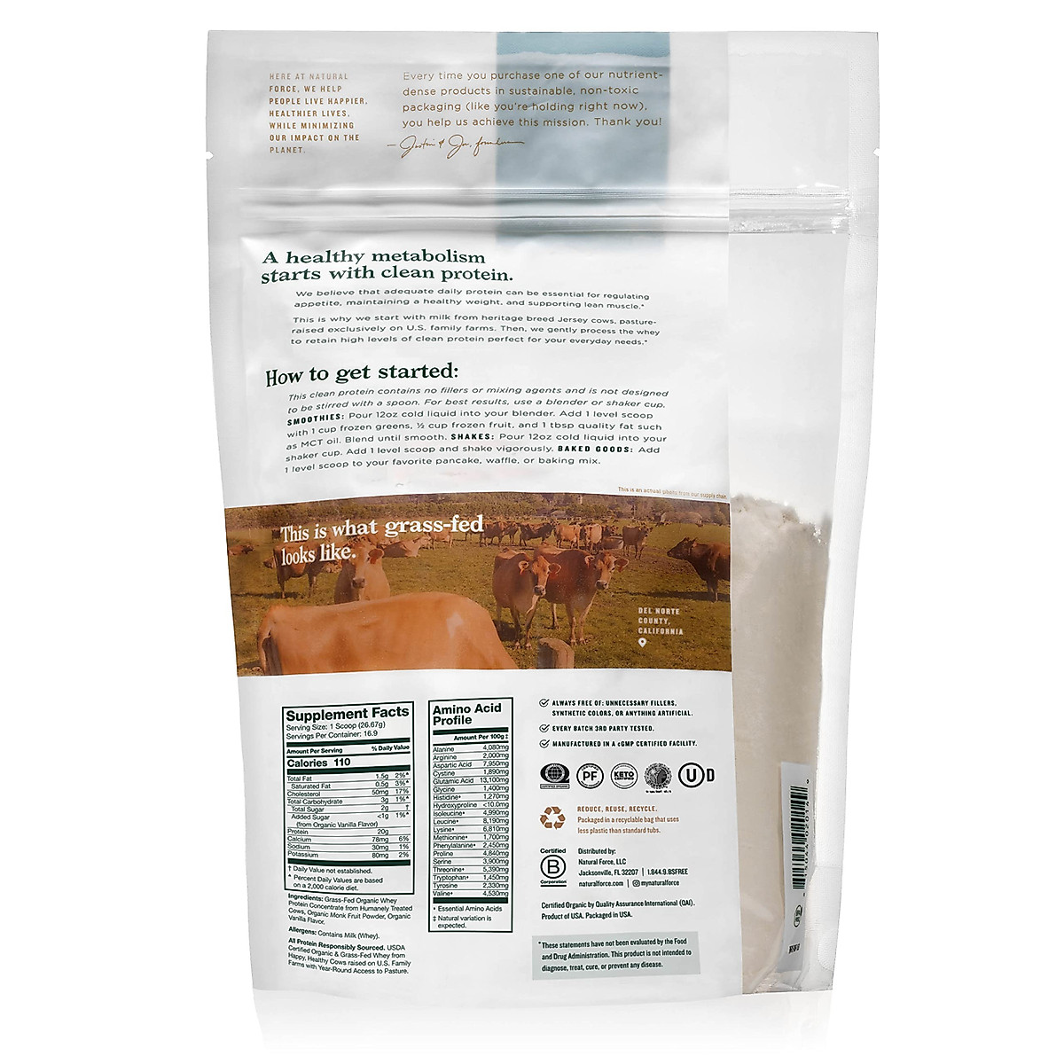 Natural Force Grass Fed Organic Whey Protein Powder – Non GMO Verified, Humane Certified & Lab Tested for Toxins – Real Vanilla Flavor – Keto Friendly, Low Carb, and Kosher - 16 Ounce A2 Protein