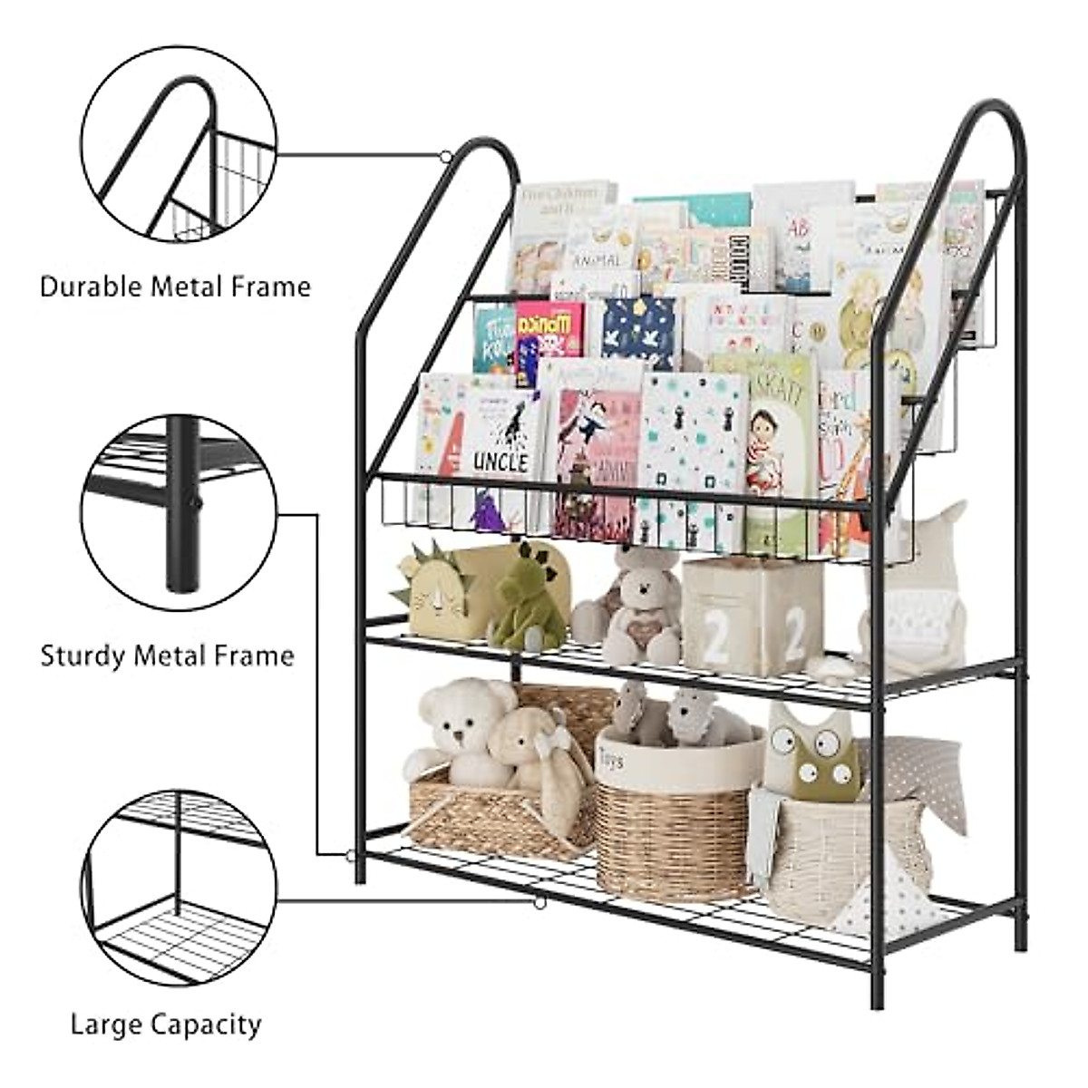 Emiosmt Black Bookcase for Children Metal Kids Bookshelves Modern Minimalist Toy Storage Large Bookshelf for Bookstore Bedroom, Classroom Furniture, Living, Library, Book Display Rack