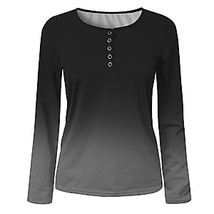 Women's Long Sleeve Tops Casual Fall Henley Shirts Button Down Blouses Gradient Basic Low Round Neck T Shirts