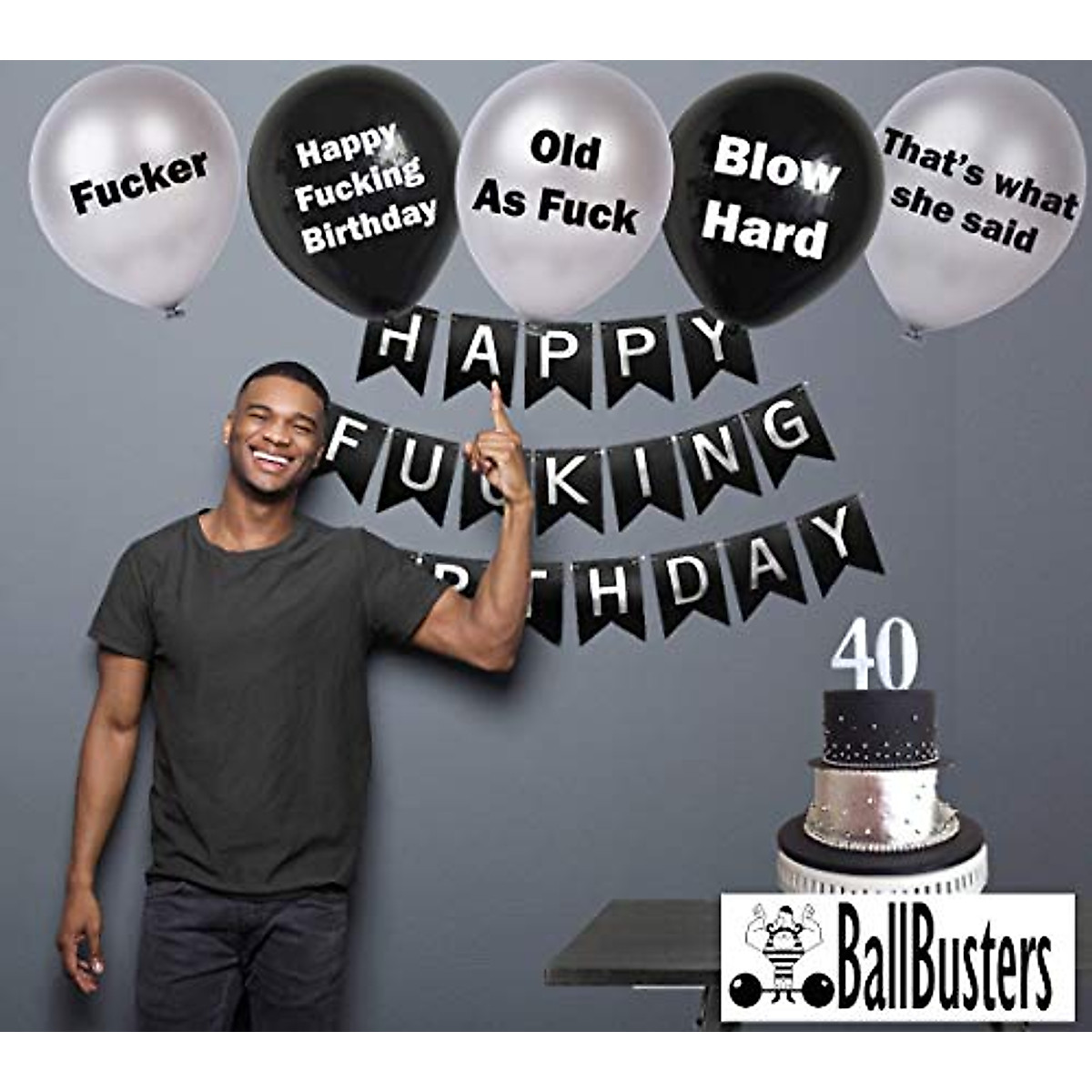 30 pc Funny Adult Birthday Balloons | Gag Gift for a Man Birthday~ Designed by BallBusters, a USA company (30 Black & Silver Balloons)