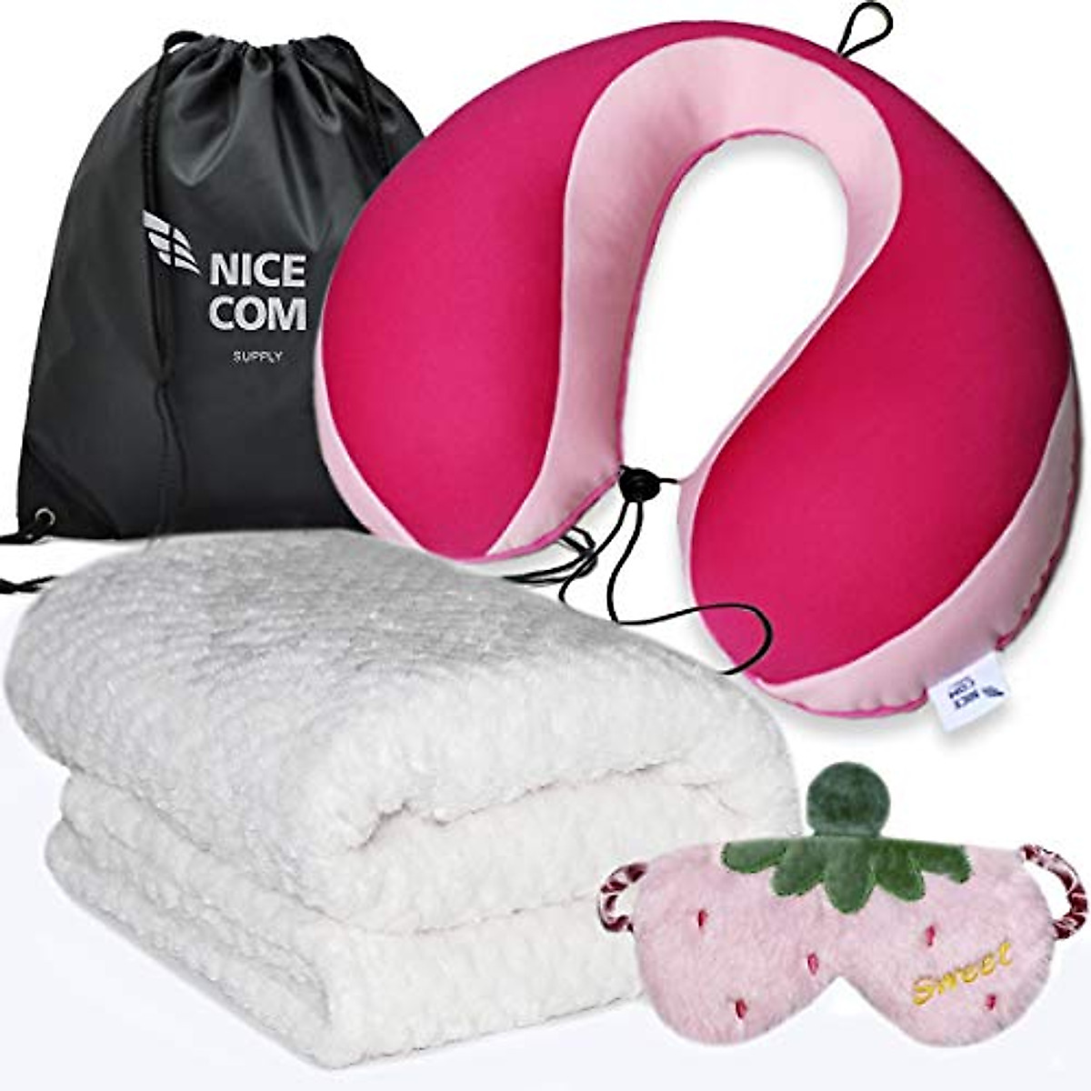 NICE COM SUPPLY Kid Neck Pillow and Blanket, Car Kids Pillow with No Car Seat - Kids Sleep Mask - & Travel Waterproof Backpack - Kids Travel Accessories - Birthday Gifts for Travelers - Pink