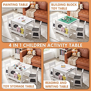GABHX Kids Table and Chair Set, 4 in 1 Wooden Activity Table with Bookshelves and Storage Drawer, 2 in 1 Detachable Tabletop Construction Play Table Set for Drawing, Reading, Build Blocks