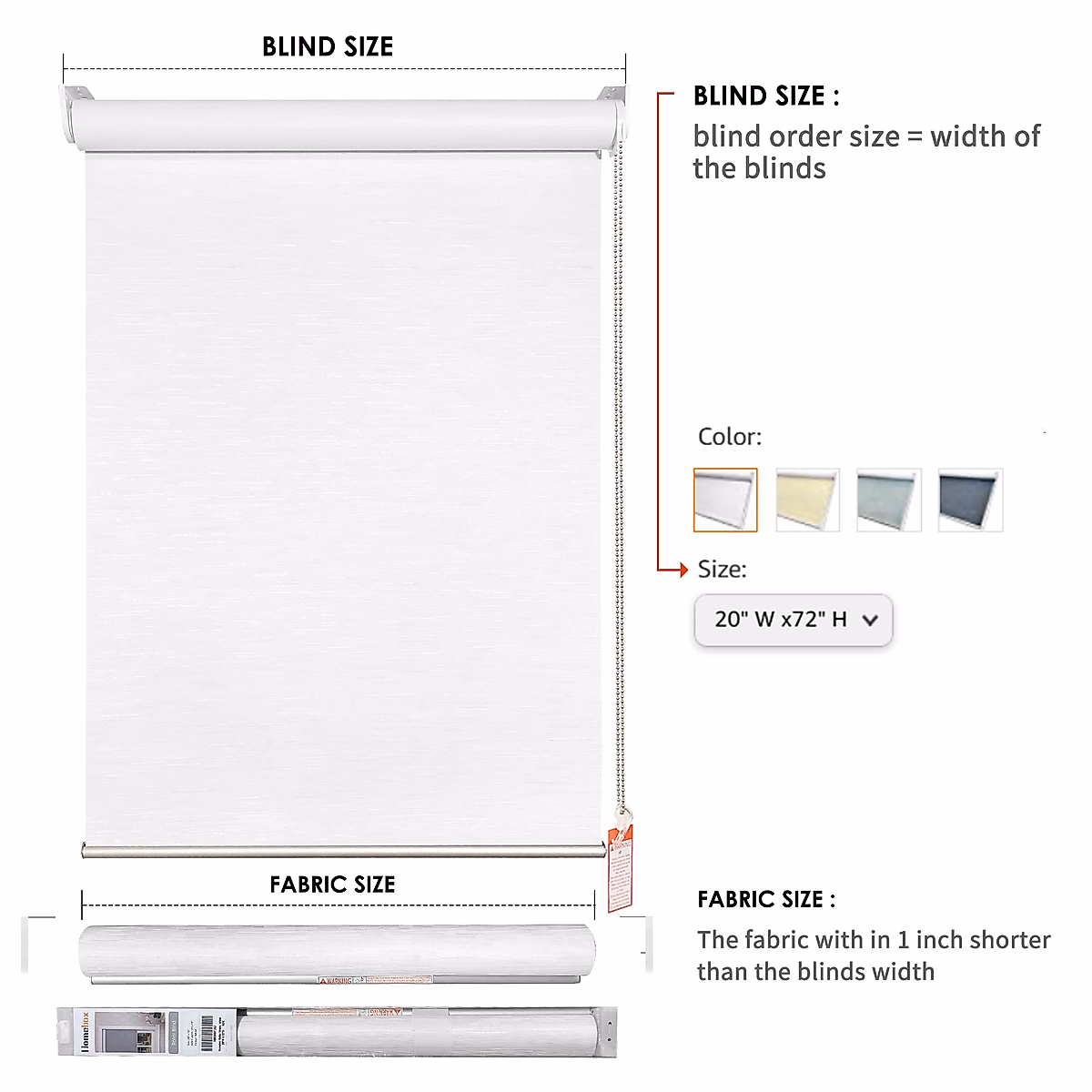 HOMEBOX 100% Blackout Roller Window Shades, Striped Jacquard Window Blinds with Thermal Insulated, UV Protection Waterproof Fabric, Roll up and Down Shades Home and Office(White - 20" W x 72" H)