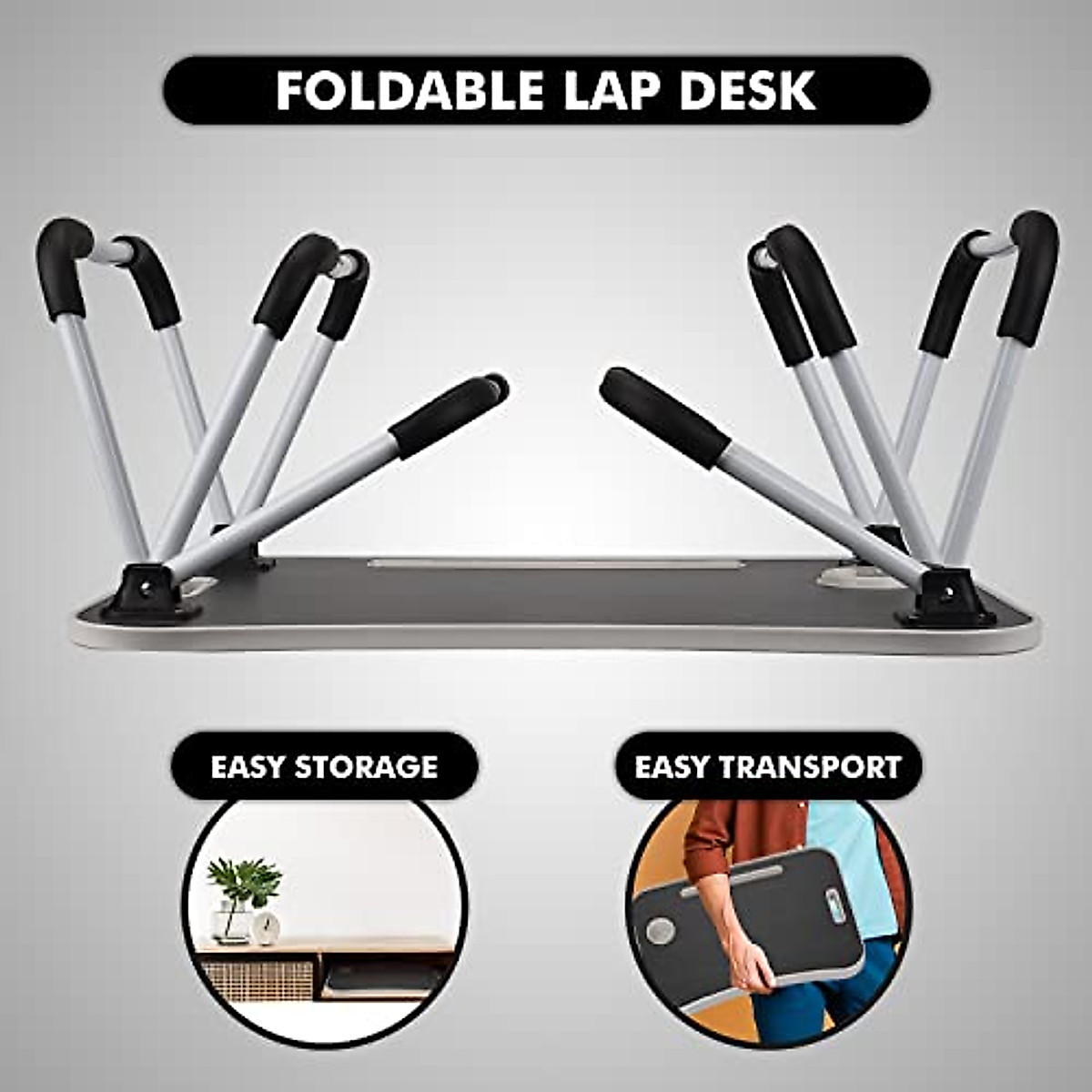 Folding Lap Desk for Bed and Sofa - Portable Wide Surface Bed Desk with Built-in Cup Holder and Tablet or Phone Slot for Working, Studying, Eating, and Watching Movies (Dark Grey)