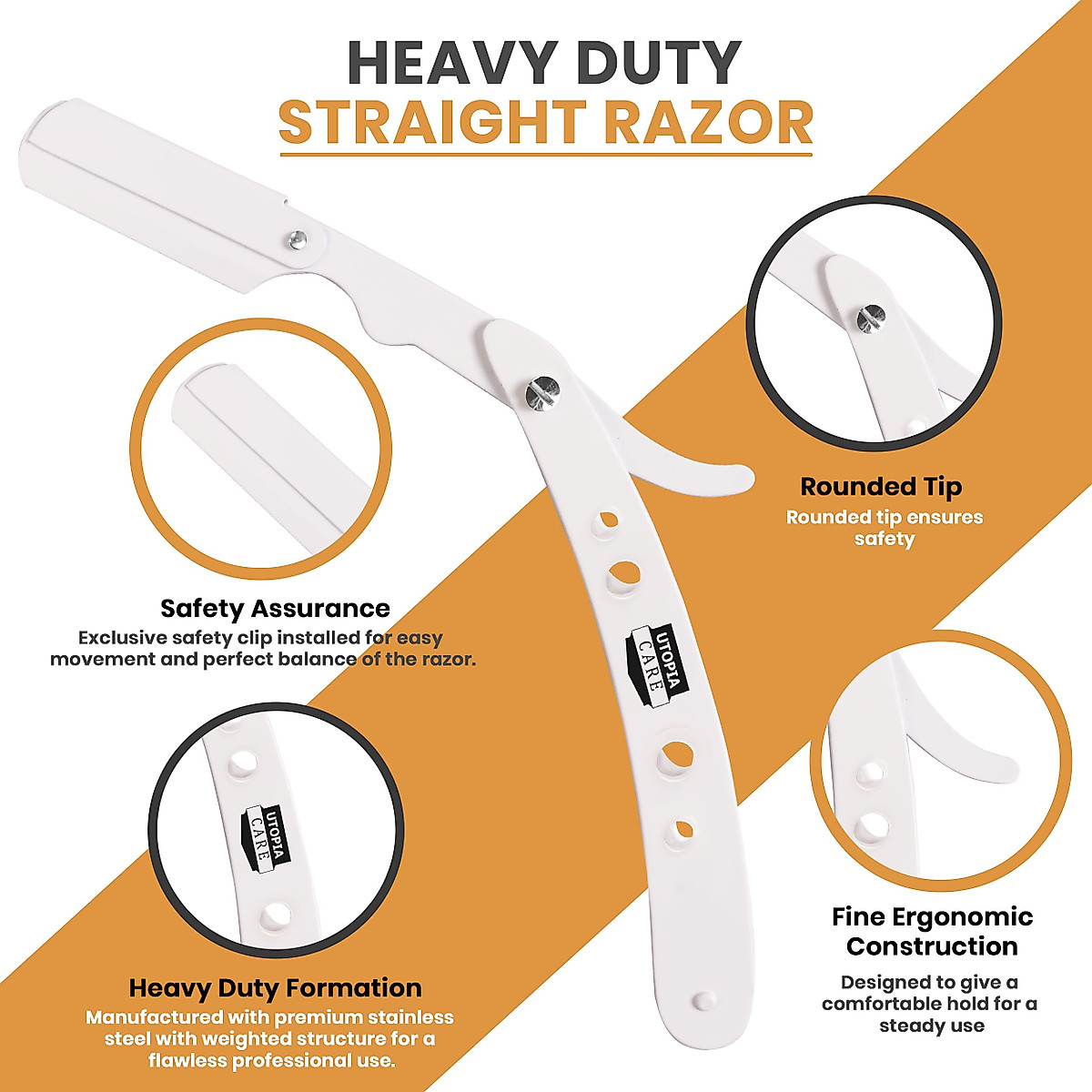 Utopia Care Professional Barber Straight Edge Razor Safety with 100-Pack Blades - 100 Percent Stainless Steel (White)