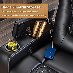 ANJ Power Recliner Chair with USB Ports and Cup Holders - Overstuffed Electric Home Theater Seating PU Leather Reclining Furniture with Hidden Arm Storage, Easy to Clean (Black)