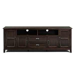 SIMPLIHOME Burlington SOLID WOOD 72 inch Wide Transitional TV Media Stand in Mahogany Brown For TVs up to 80 inches for the Living Room and Entertainment Center