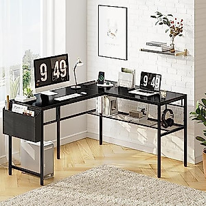 PRAISUN L Shaped Office Desk with Power Outlets, Reversible Computer Desk with Grid Bookshelf and Storage Bag, Gaming Desk, Home Office Desk Corner Desk with Hooks, Black