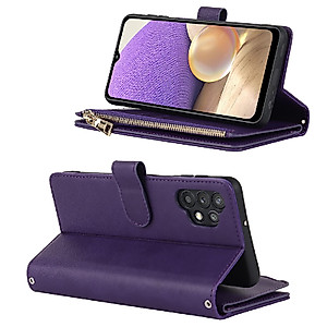 Jaorty Samsung Galaxy A32 5G Wallet Case,[9 Card Slots] Removable Adjustable Crossbody Necklace Lanyard Shoulder Strap Zipper Magnetic Leather Case for Samsung Galaxy A32 5G,6.5 inch Purple
