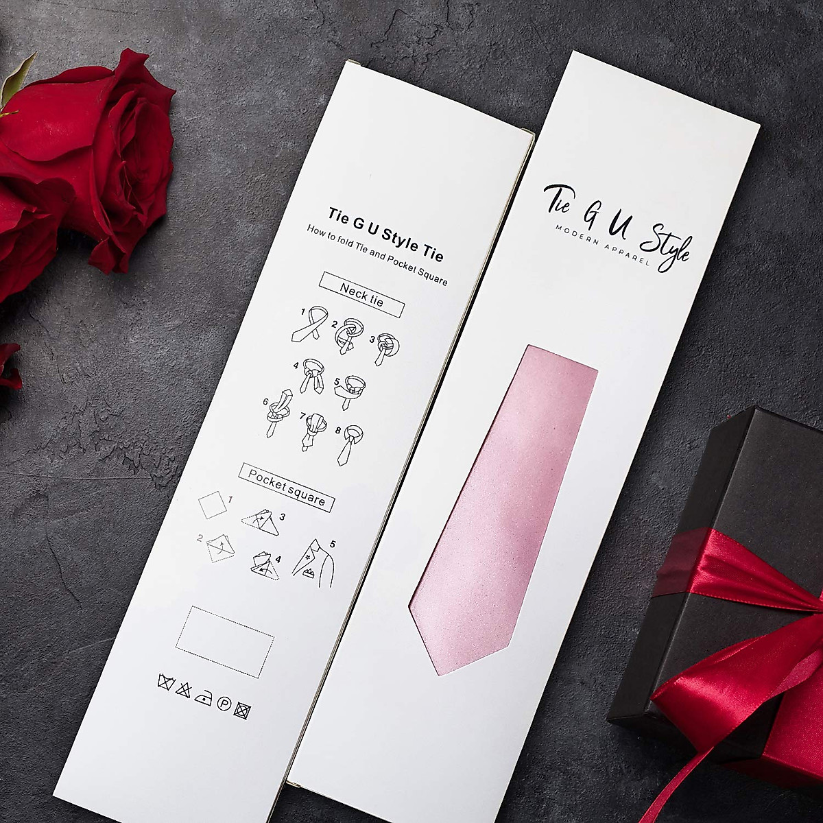 TIE G Solid Satin Color Formal Necktie and Pocket Square Sets in Gift Box (Blush)