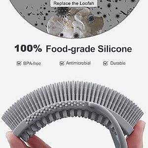 FREATECH Silicone Body Scrubber with Loop Handle, 2-Pack Gentle Exfoliating Body Cleansing Brush for Use in The Shower or Bath, More Hygienic Than Loofah, Easy to Clean, Long-Lasting, Grey & Pink