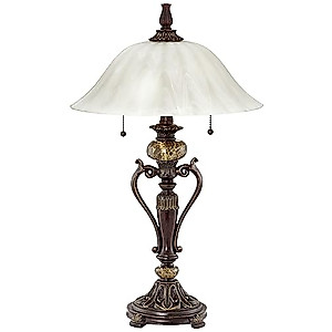 MACIUM Collection Glass Shade Table Lamp in Bronze, Bronze Finish, Alabaster Champagne Glass, with Twin Light Pulls for Easy Lighting Control