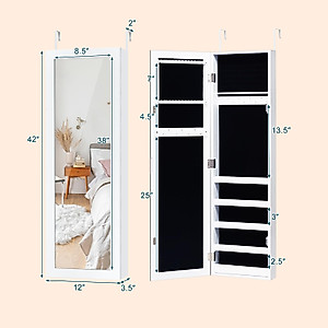 TOMENGBEIAABBCC SPPRANDOM HOMGX Mirrored Wall-Mounted Jewelry Cabinet, Lockable Door Mounted Jewelry Armoires, Full Length Dressing Mirror Jewelry Organizer with 5 Storage Shelves, White
