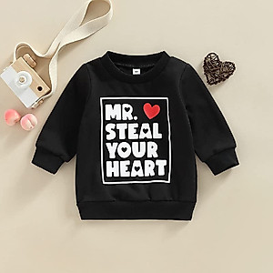 YINGISFITM Baby Girl Boy Valentines Day Outfit Toddler Crewneck Sweatshirt Long Sleeve Shirt Pullover Top Spring Clothes (Mr steal your heart black,12-18 Months)