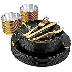 JOLLY PARTY 180PCS Disposable Dinnerware Set 30 Guest, 60 Black and Gold Plastic Plates, 30 Plastic Silverware, 30 Plastic Cups, Marble Design Disposable Plastic Dinnerware for Wedding and Parties