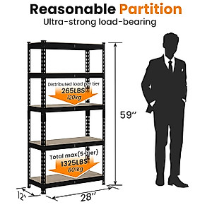 STRENGLEE 5-Tier Storage Rack Metal Shelving, Durable MDF, Adjustable, Heavy Duty, Garage & Warehouse Storage, 28x12x59 Inches, 265 lbs/Level