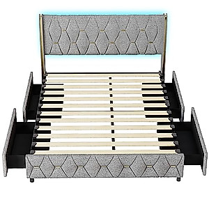 Queen LED Bed Frame with 4 Storage Drawers, Upholstered Platform Bed Frame with wingback Adjustable Headboard, Gold Button Decoration, Solid Wooden Slats Support, No Box Spring Needed, Light Grey