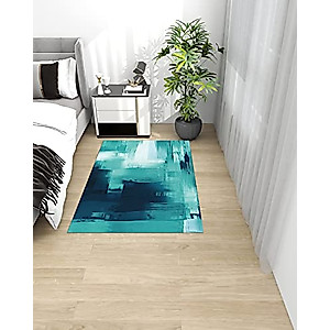 Anzona Painting Teal Indoor Area Rug 3 Ft x 5 Ft, Green Modern Abstract Art Non-Slip Runner Rug for Kids Room, Ombre Oil Print Texture Living Room Bedroom Bathroom Decor Floor Carpets