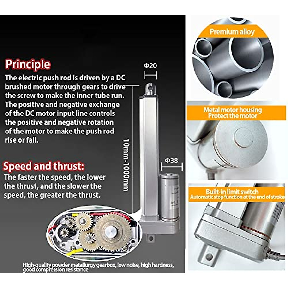 Electric Heavy Duty Linear Actuator Motor DC 12V 24V 50mm - 800mm High Speed/Low Speed Max. 2000N Waterproof IP65 Electric Stand Lifting Rod(60mm/s-250N(25KG),12V-100mm)