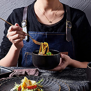 GagalU Dinner SetsKitchen Tableware Set,Ceramic Dinnerware Set, 15 Pcs Matte Black Retro Plates and Bowls Set- Irregular Edge Dinner Sets, Service for 4