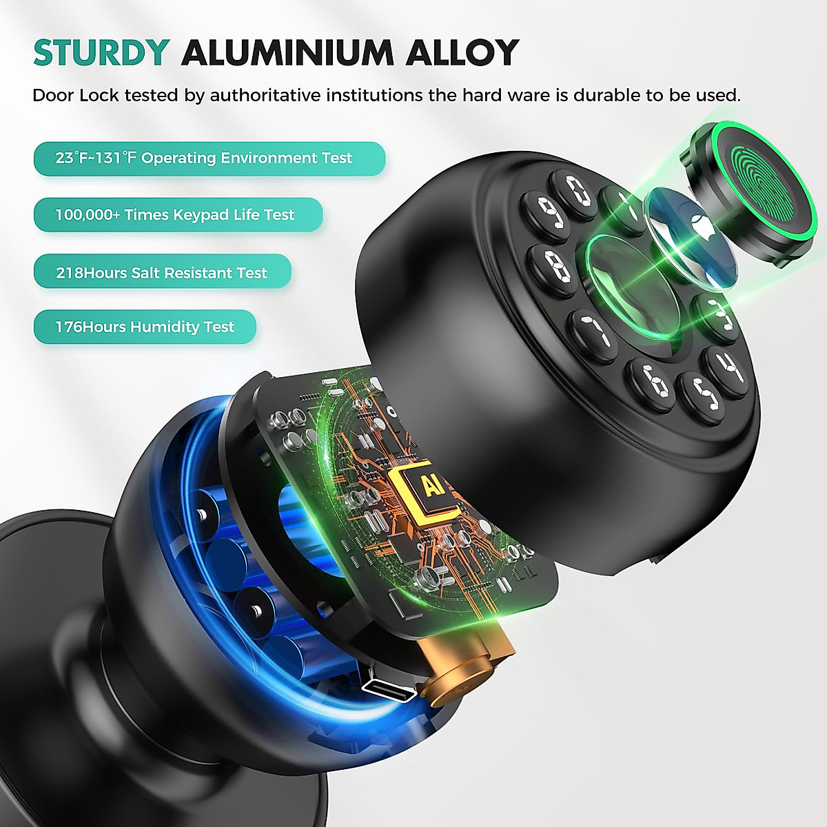 Fingerprint Door Lock，Fingerprint and Keypad Input Smart Door knob, App Controlled Biometric Door Lock, Keyless Entry, Bedroom, Office, Hotel, Apartment Auto Door knob(Matte Black)