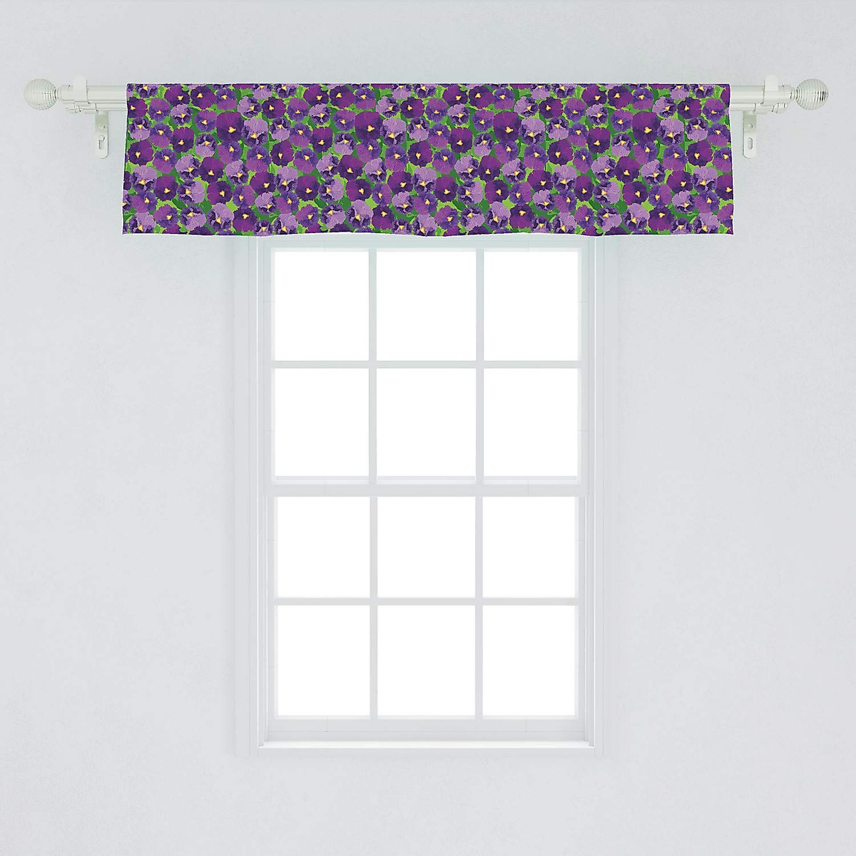Ambesonne Botanical Window Valance, Green Field Full of Burgeoning Pansy Inflorescence Garden Flourish Bedding Plants, Curtain Valance for Kitchen Bedroom Decor with Rod Pocket, 54" X 12", Purple