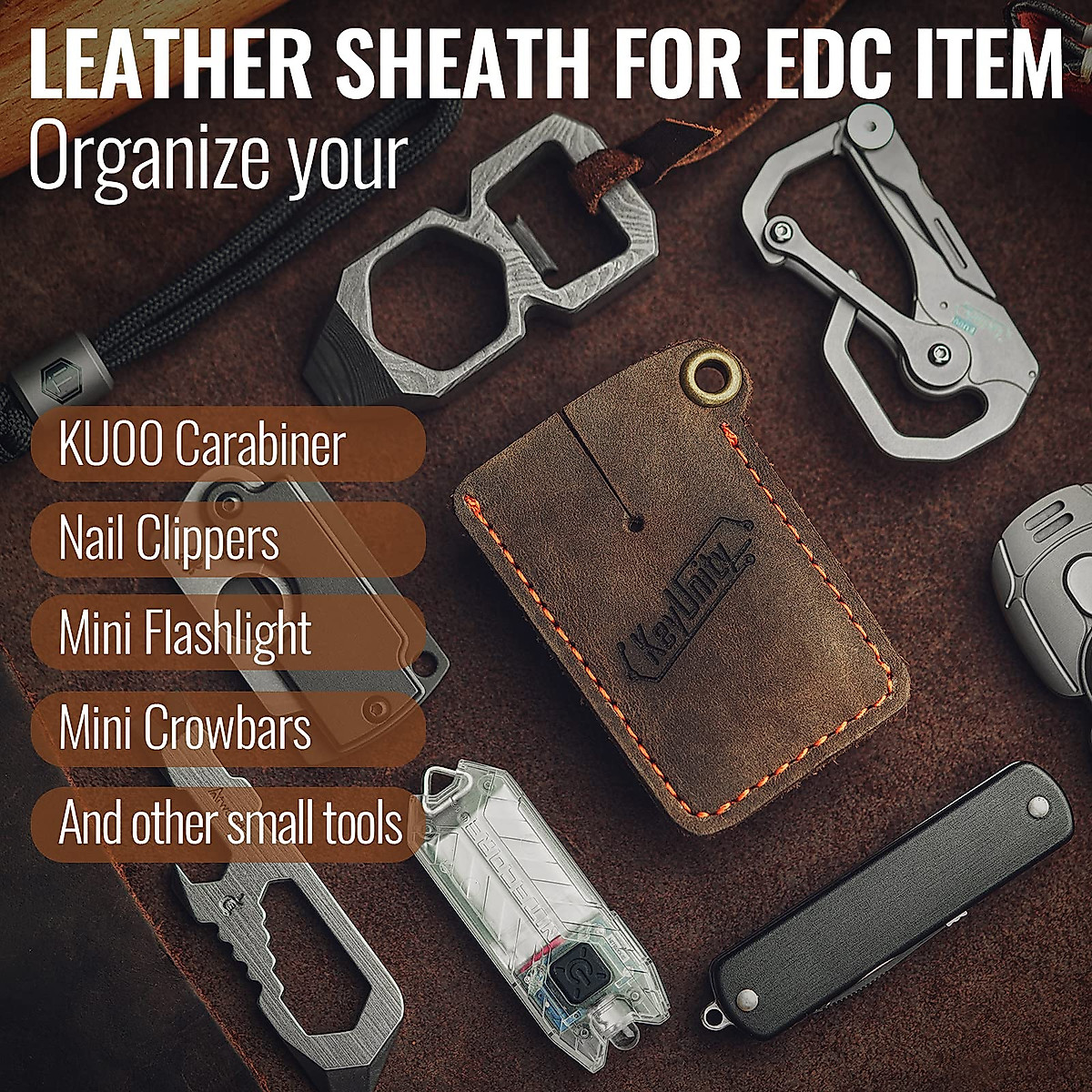 KeyUnity KA03 Leather Sheath EDC Pocket Organizer Hand Stitched Slip Pouch for KU00 Carabiner, Nail Clippers, Mini Flashlight, Mini Crowbar (KA03)